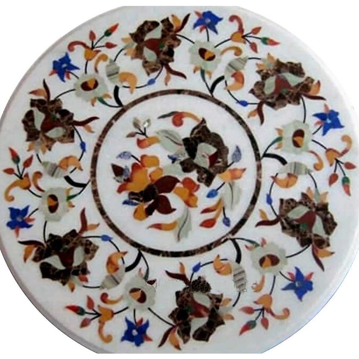 Pietra Dura White Marble Round 27" x 27" Inch Dining Table Top, Stone Coffee Table Top, Marble Centre Table Top Natural Indian Makrana White Marble Table Top, Piece Of Conversation