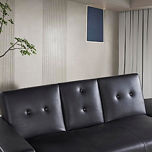 Multi-Functional Sectional Sofa Couch Convertible PU Leather Futon Sofa Sleeper Bed w/Storage Box,Cup Holder,Side 2-Tier Storage Rack, Modern Wood Modular Sofa Couch for Living Room,Black