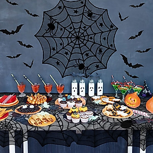 Korlon Halloween Tablecloth, 2 Pcs Halloween Decorations Indoor Spider Web Table Cloth, 54”x 72” Rectangular & 42” Round Black Lace Tablecloth Cover for Halloween Home Party Kitchen Table Decor