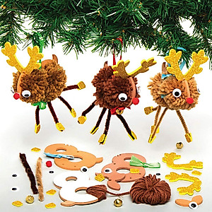 Baker Ross AX316 Festive Reindeer Pom Pom Tree Decoration Kits - Pack of 3, Homemade Christmas Ornaments for Kids Arts and Crafting Activities