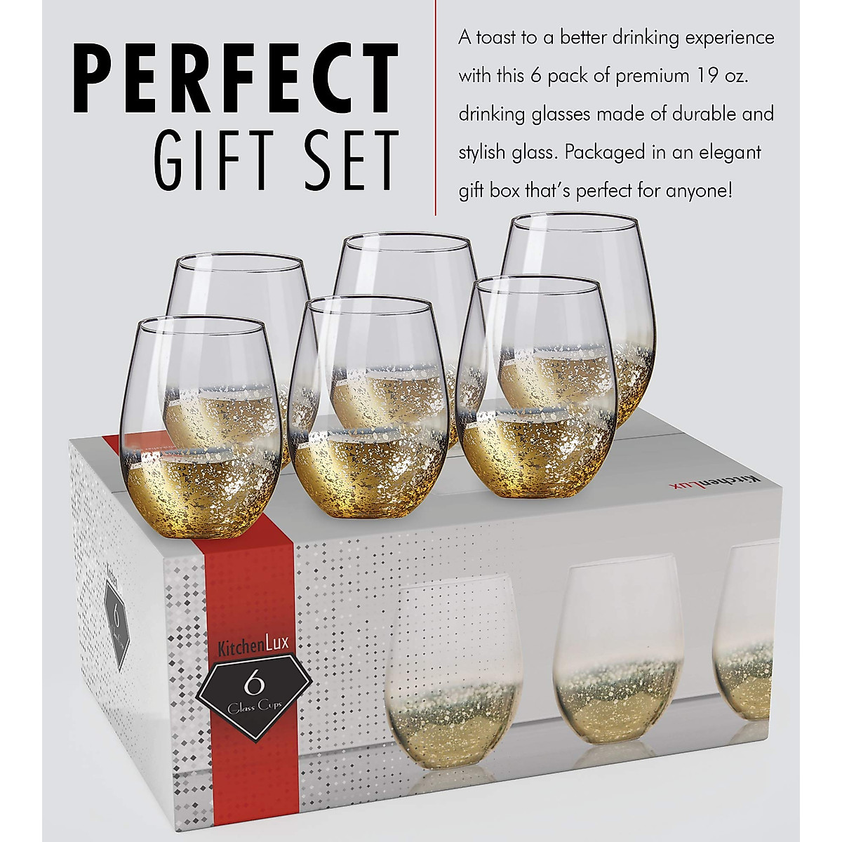 Kitchen Lux 18 oz Gold Rimmed Stemless Wine Glasses for Parties – Set of 6 Gold Wine Glass Cocktail Tumblers – Large Crystal Clear Wine Cups - Deluxe Glassware Gift for Christmas - Dishwasher Safe