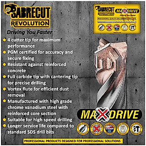 5 x SabreCut QSCK5B 7/32" 15/64" 1/4" 5/16" 25/64" x 6 19/64" Length Quattro PGM Approved Full Carbide 4 Cutter Tip Vortex Flute SDS Plus Drill Bit Mix Kit For Stone Concrete Brick Block