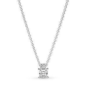 PANDORA Jewelry Sparkling Collier Round & Square Pendant Necklace for Women - Sterling Silver with Cubic Zirconia - 17.7'', Clear,Silver, One Size (Pack of 1) (390048C01-45)