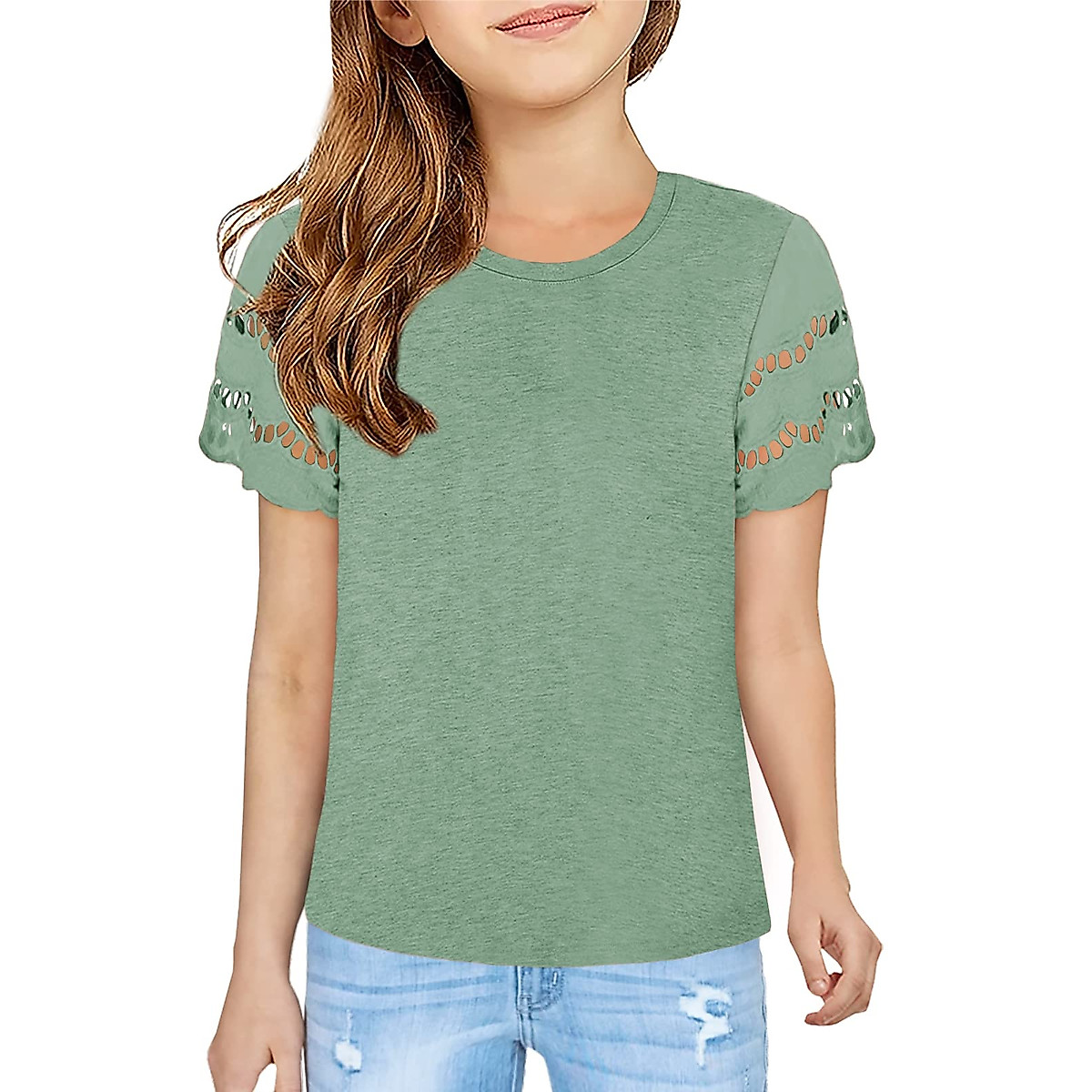 Geckatte Kids Girls' T-Shirts Short Sleeve Crewneck Cutout Summer Casual Solid Basic Tee Shirts Tops 5-14 Years Light Green