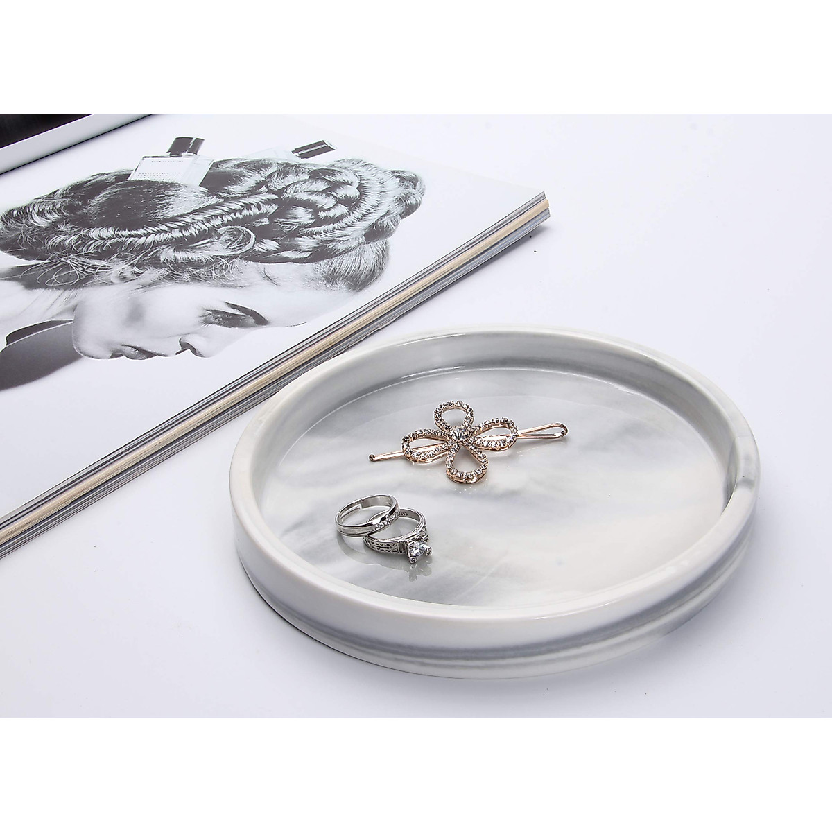 Stone Texture Marble Plate Ceramic Ring Holder Jewelry Dish Perfume Tray Decorative Dresser Organizer Makeup Tray for Vanity, Dresser, Bathroom, Bedroom (Grey, Circular, 6.5")