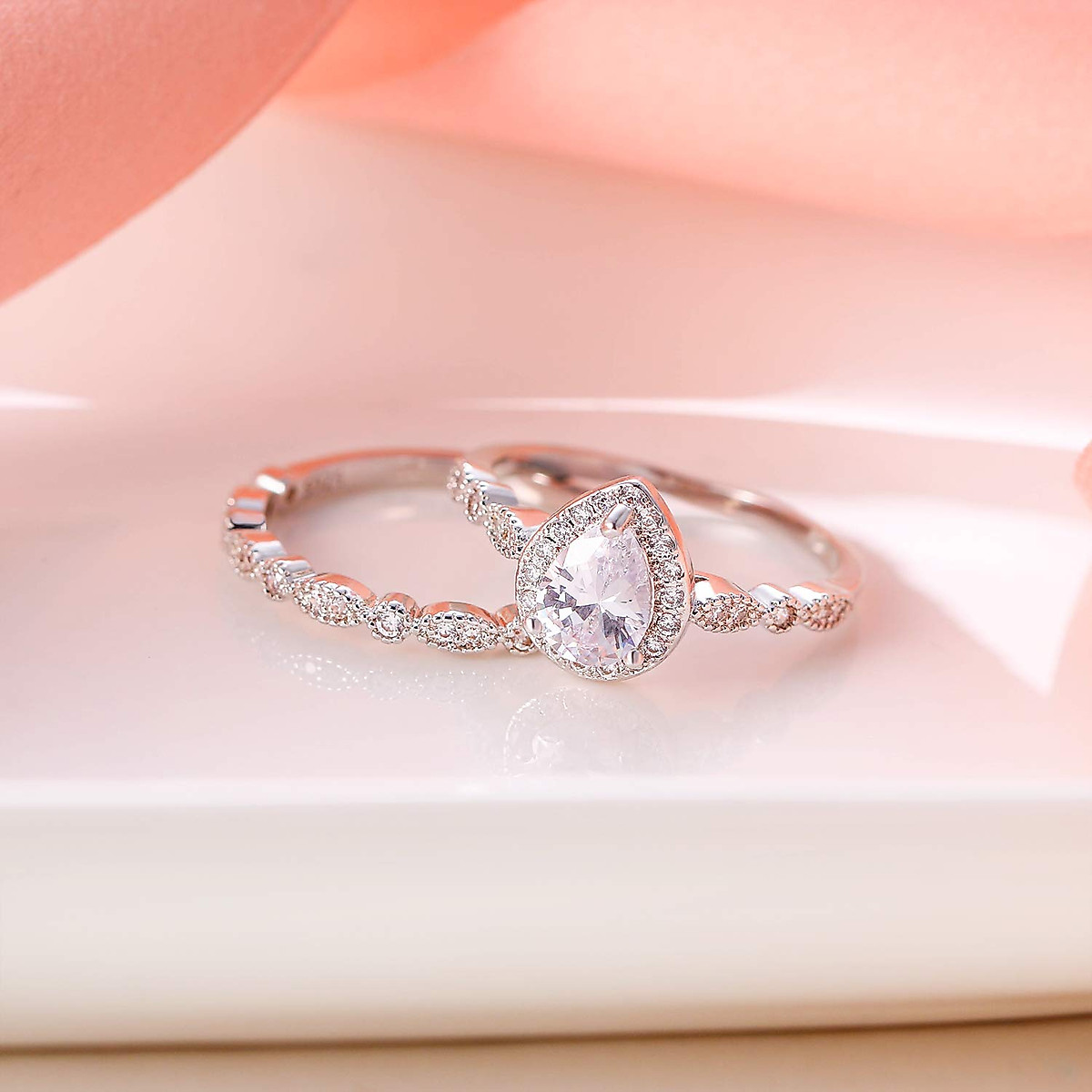EVER FAITH Bridal Engagement Jewelry Valentine Gift White Cubic Zirconia Pear Shaped Teardrop Promise Ring Set Size 7