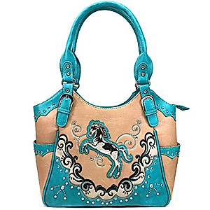 Zelris Western Mustang Horse Turquoise Embroidery Conceal Carry Women Tote Purse (Tan)