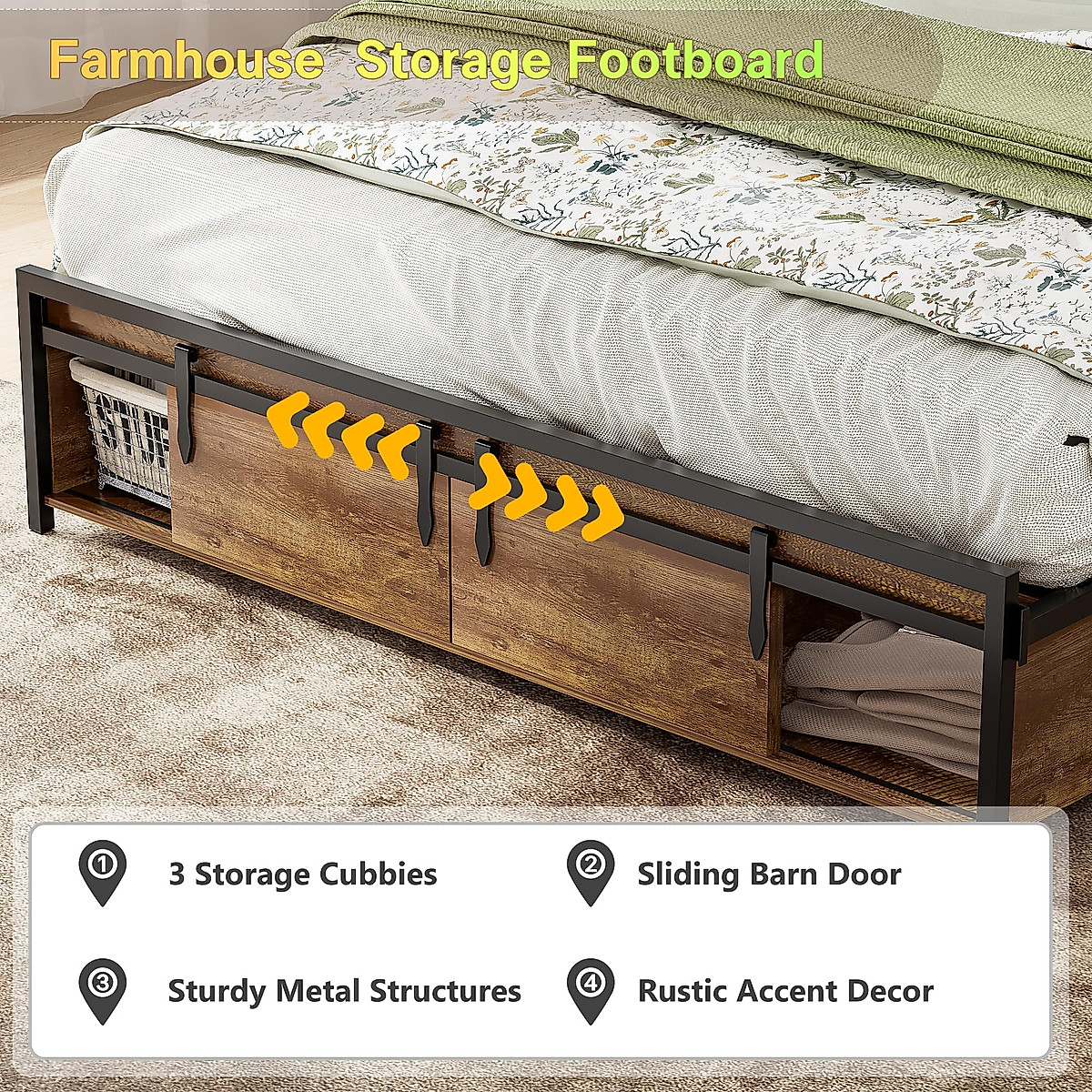 Farmhouse Bed Frame Queen Size with Bookcase Headboard and Sliding Barn Door Storage Cubbies, Wood Bed Frame with LED Light and Charging Station, Noiseless,No Box Spring Needed, Easy Assembly