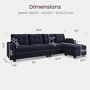 HONBAY Velvet Sectional Sofa L Shaped Couch Reversible Sectional Couch Sofa for Small Space,Dark Blue