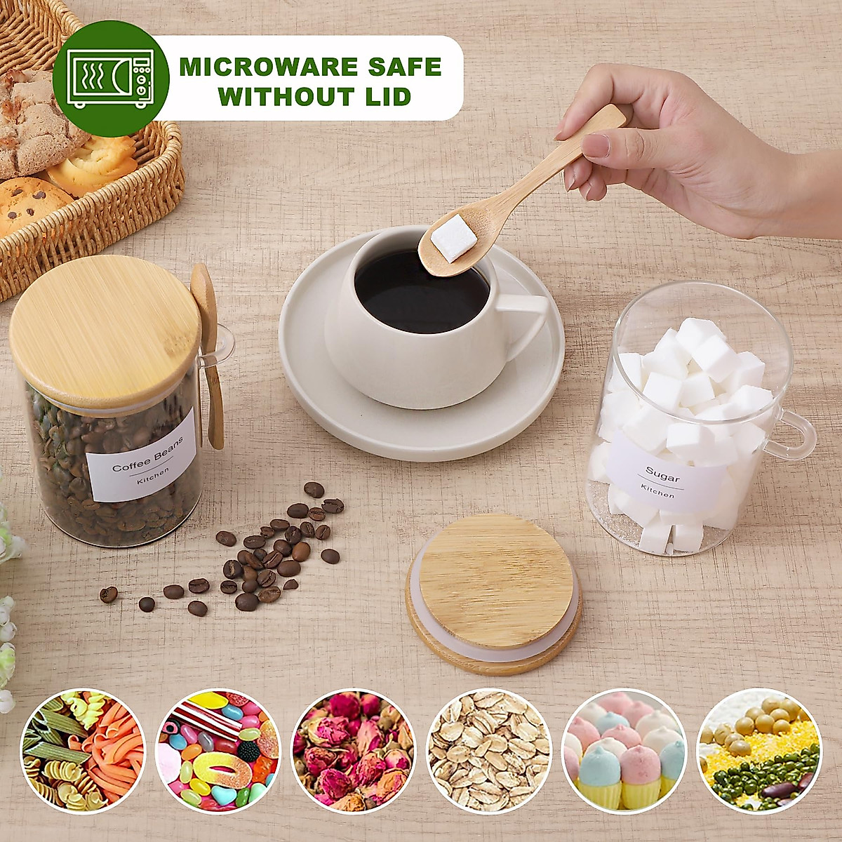 Sugar Jar Bath Salt Container – 17 oz Glass Jar with Bamboo Lid and Spoon, Sugar Cube Holder and Canister for Countertop, Glass Containers for Coffee Beans, Tea and Overnight Oats (4 Pack)