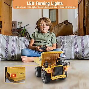 fisca Remote Control Dump Truck 2.4Ghz RC Truck 9 Channel 4WD Mine Construction Vehicle Toy with LED Light and Metal Cab for Kids Age 5 6 7 8 9 and Up Years Old