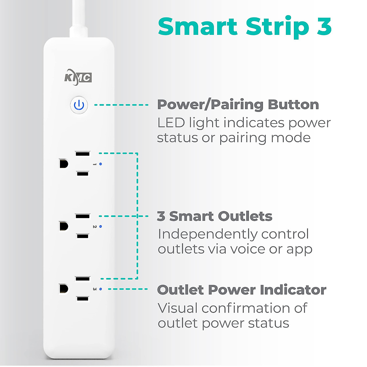 KMC 3-Outlet Smart Plug Power Strip, Surge Protector for Smart Home, Remote Control Lights and Devices, No Hub Required, ETL Certified, Compatible with Alexa and Google Home, 4ft Extension Cord, White