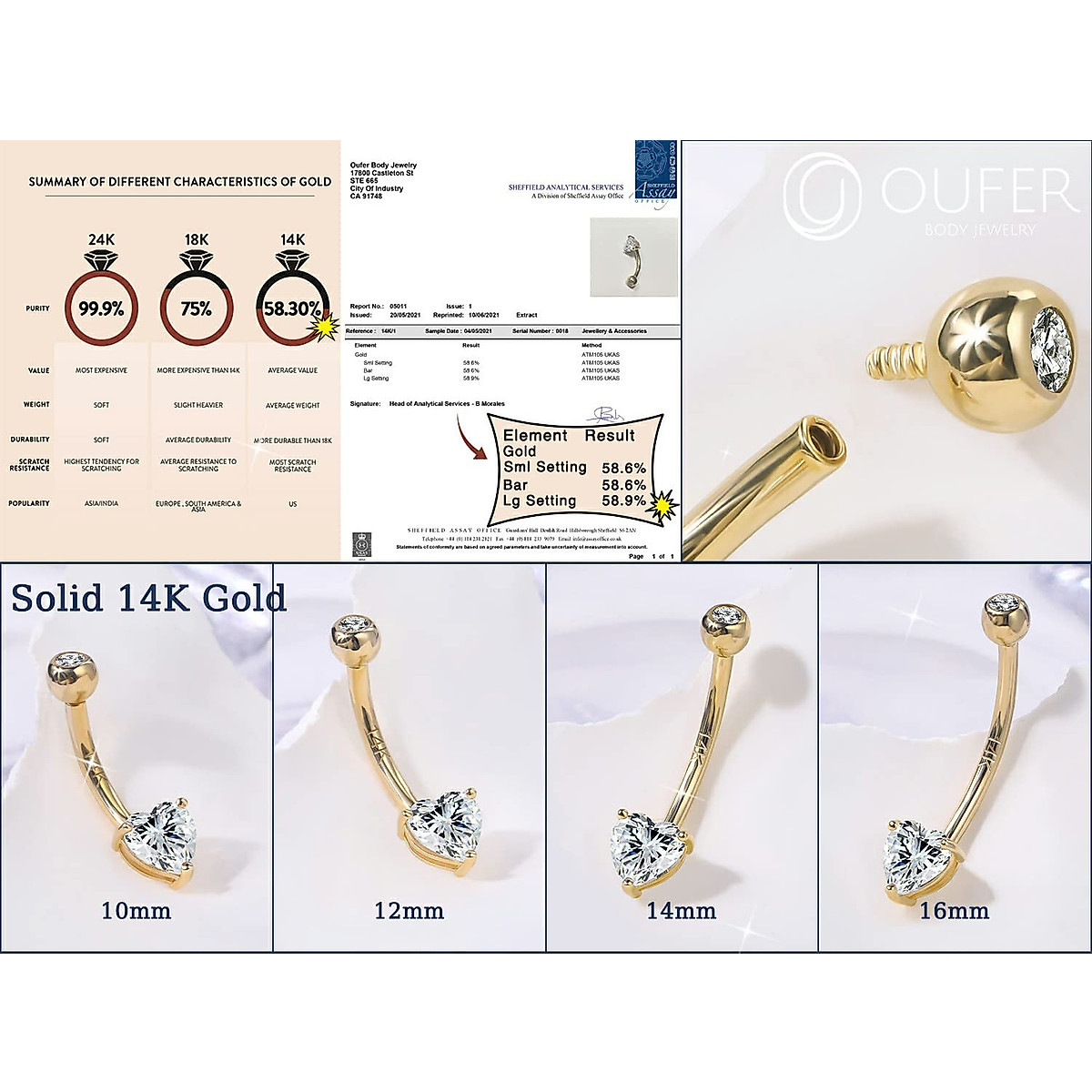 OUFER Gold Belly Button Rings, 14K Solid Gold Heart Shaped Belly Rings, Internally Threaded Belly Button Piercing, Clear CZ Belly Piercing Jewelry, Navel Rings-10MM