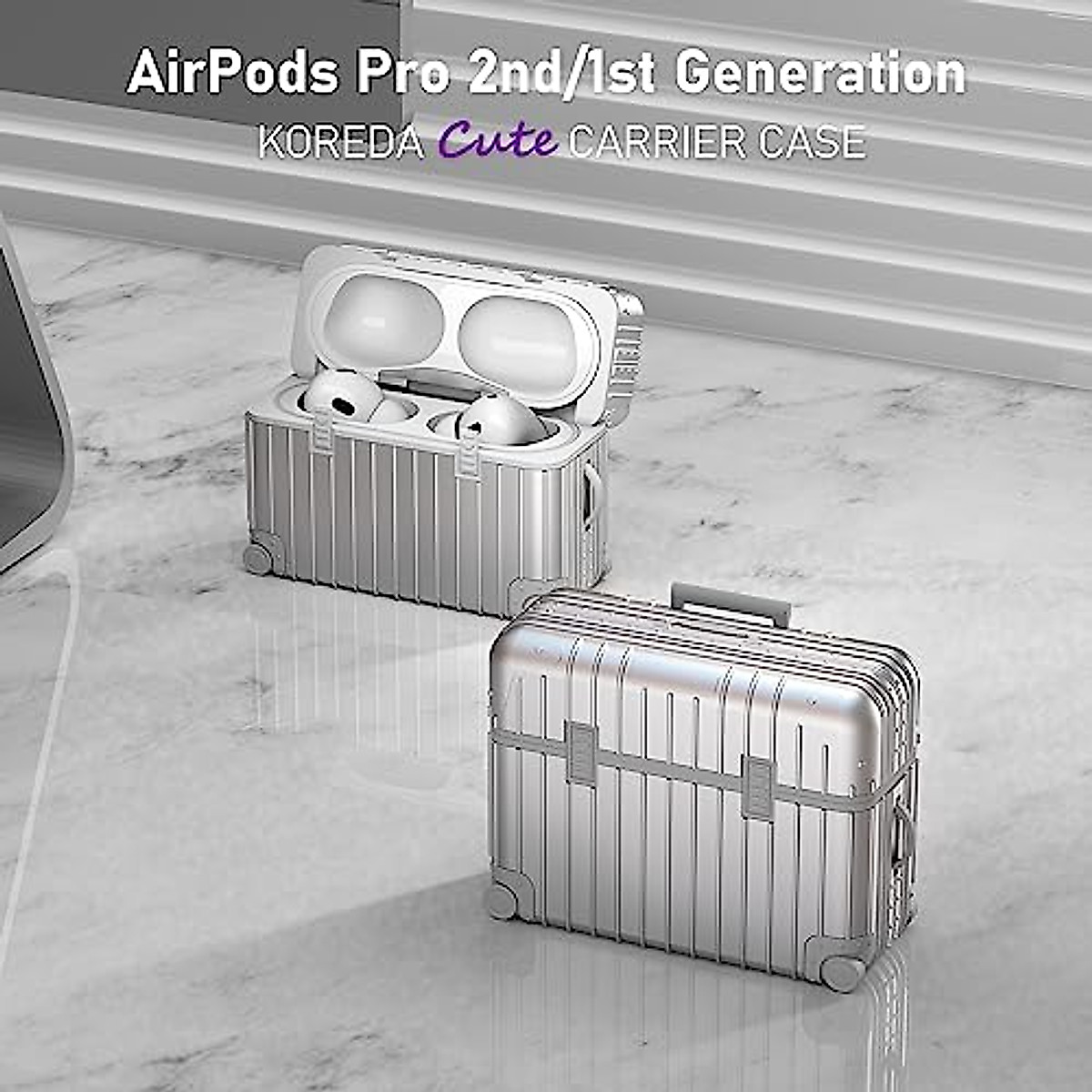 AirPods Pro 2 Case Cover, KOREDA Funny Suitcase Design Case for Airpods Pro 2nd Generation/1st Generation (2022/2019), Cute Fashion Protective Hard Case for Women Men with Keychain (Silver)
