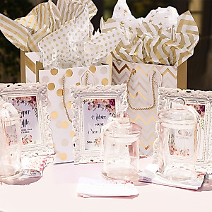 Dimetey 12pcs 9" Gift Bags, Medium Size Paper Bags with Tissue Paper, White Gold Wrap Paper Gift Bags with Handles for Shopping Party Wedding Baby Shower Holiday Presents (Gold)