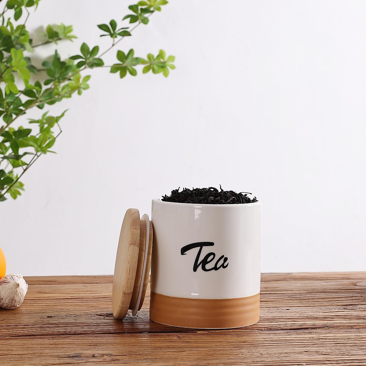 LEETOYI Ceramic Food Storage Containers with Lid,Modern Farmhouse Kitchen Decor, Countertop Food Storage Caddy Organizer, 4.5Inch 31oz (Labeled Tea)