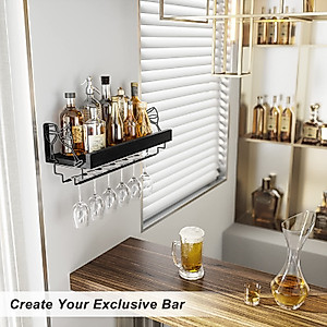 Love-KANKEI Wine Rack with Stemware Hanger, 17inch Wine Glass Rack, Floating Shelf Wall Mounted, Wood Wall Shelf for Kitchen, Dinning Room, Home Bar, Living Room etc, Pitch Black