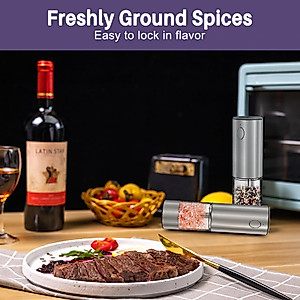 Electric Salt and Pepper Grinder Set, Automatic Pepper Mill Grinder w/Upgraded Charge Base and LED Light,Adjustable Coarseness,Rechargeable Black Peppercorn & Sea Salt Spice Mill Set