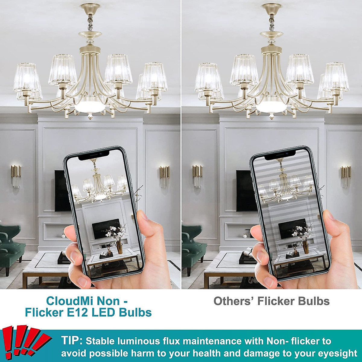 E12 LED Candelabra Bulbs 4W Equivalent to T3 T4 40W E12 Candelabra Base Bulbs, No Flicker Cool White 6000K for Ceiling Fan, Clear Chandelier LED Candle Bulbs, Not Dimmable, AC 120V, Pack of 6