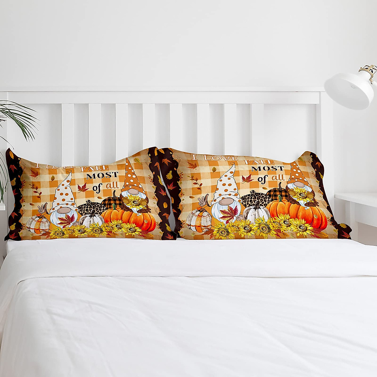 Custom Bed USA Thanksgiving Gnomes Duvet Cover Set, 4 Pieces Bedding Set with Comforter Cover, A Pair of Pillowcases and Fitted Sheet for Bedroom Decor Queen Size, Pumpkin Sunflower Fallen Leaves