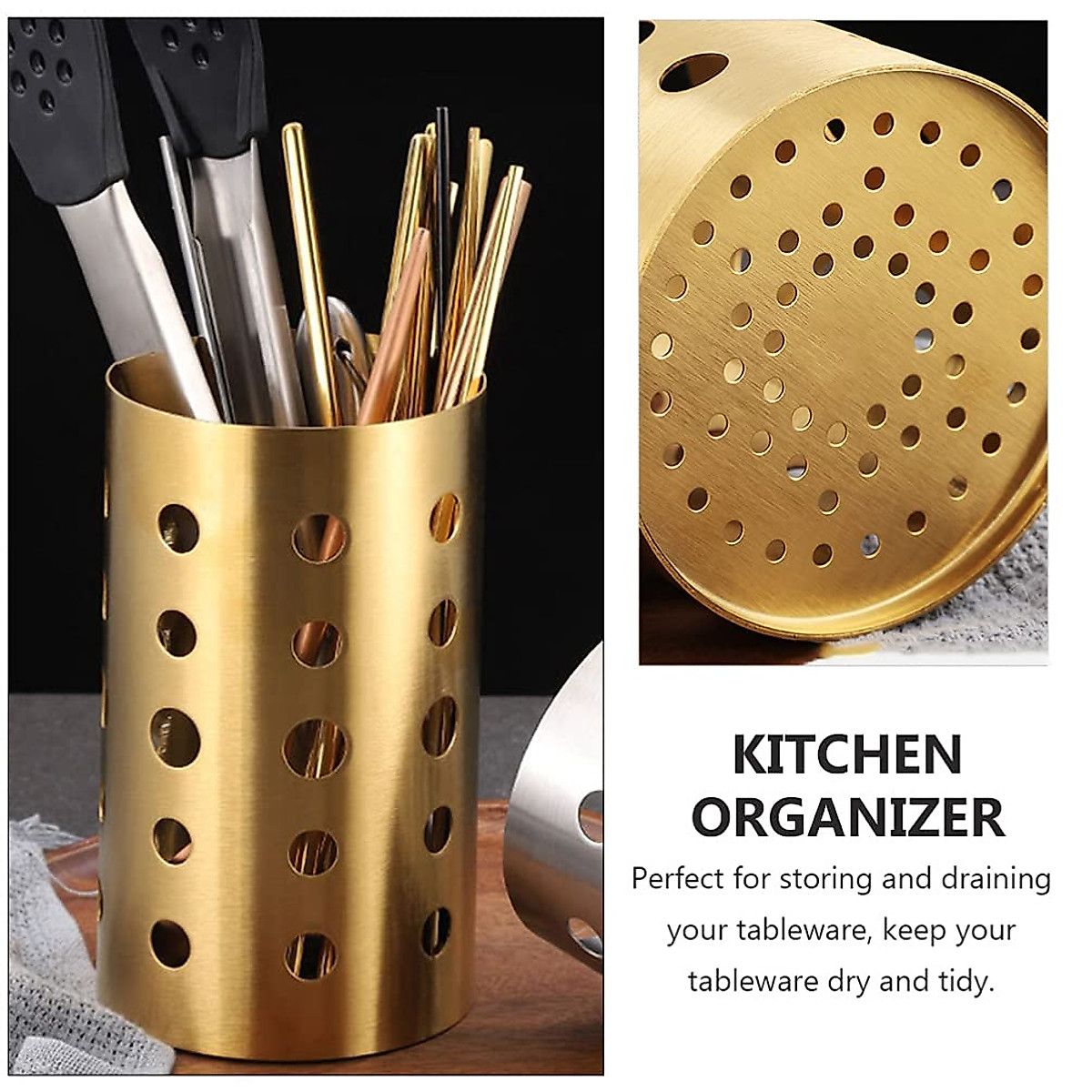 NERDOH Stainless Steel Kitchen Utensil Holder Chopstick Cutlery Holder Stand Spoon Fork Organizer Drying Rack Caddy Basket for Tableware Cooking Utensils Gold