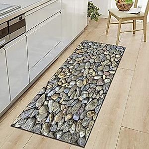 OPLJ 3D Stone Printed Long Floor Mats Non-Slip Kitchen Carpet Simulated Pebble Bathroom Rugs Washable Floor Mat Home Decor A5 60x180cm