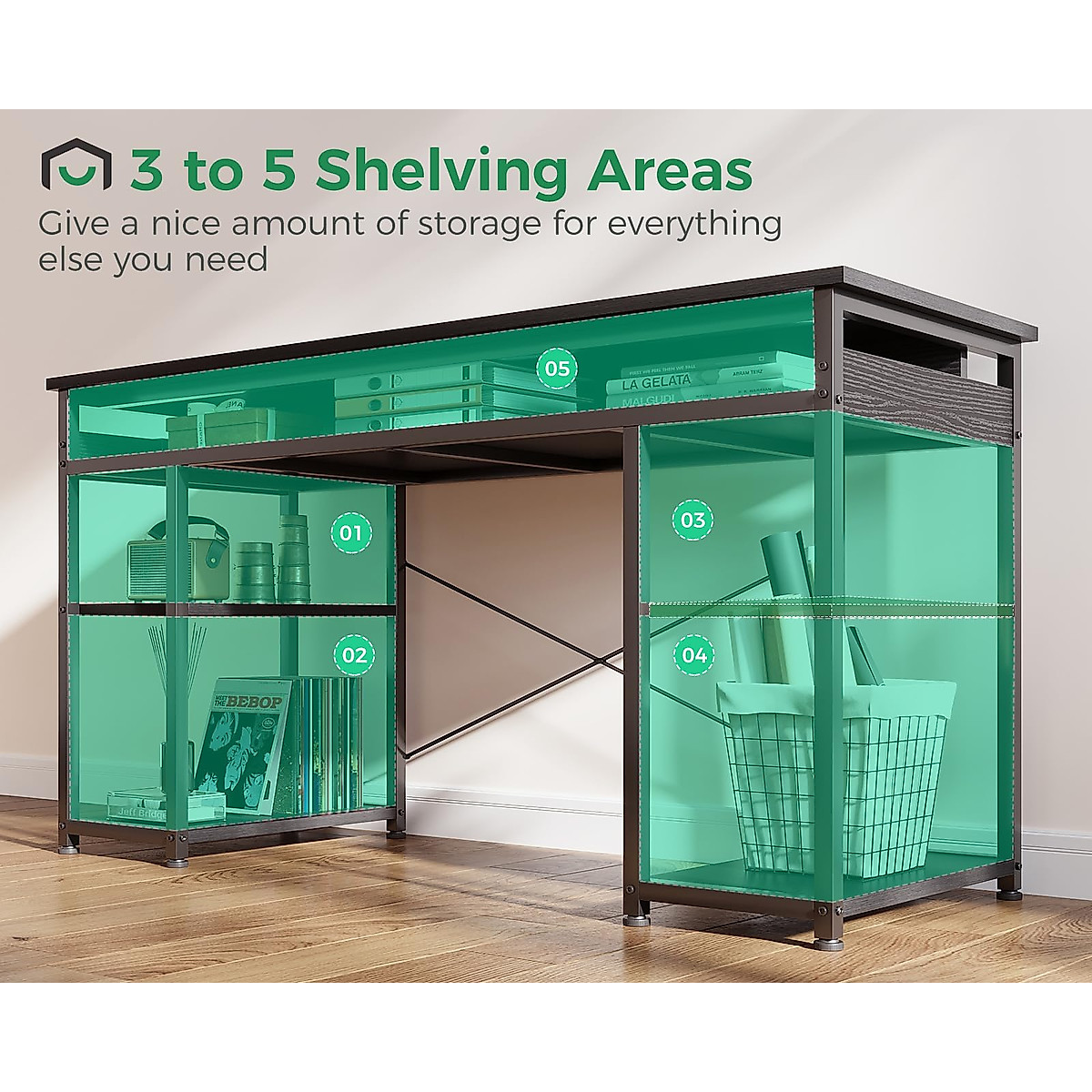 AODK 48 Inch Small Computer Desk with Power Outlets & Type-C, Writing Desk with Storage Shelves Headphone Hook, Student Laptop PC Desks for Small Spaces Home Office, Kids Desk, Black