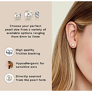 THE PEARL SOURCE AAAA Quality 14K Gold Plated 9mm Sterling Silver White Freshwater Real Pearl Earrings for Women | Hypoallergenic Earrings with Genuine Cultured Pearls
