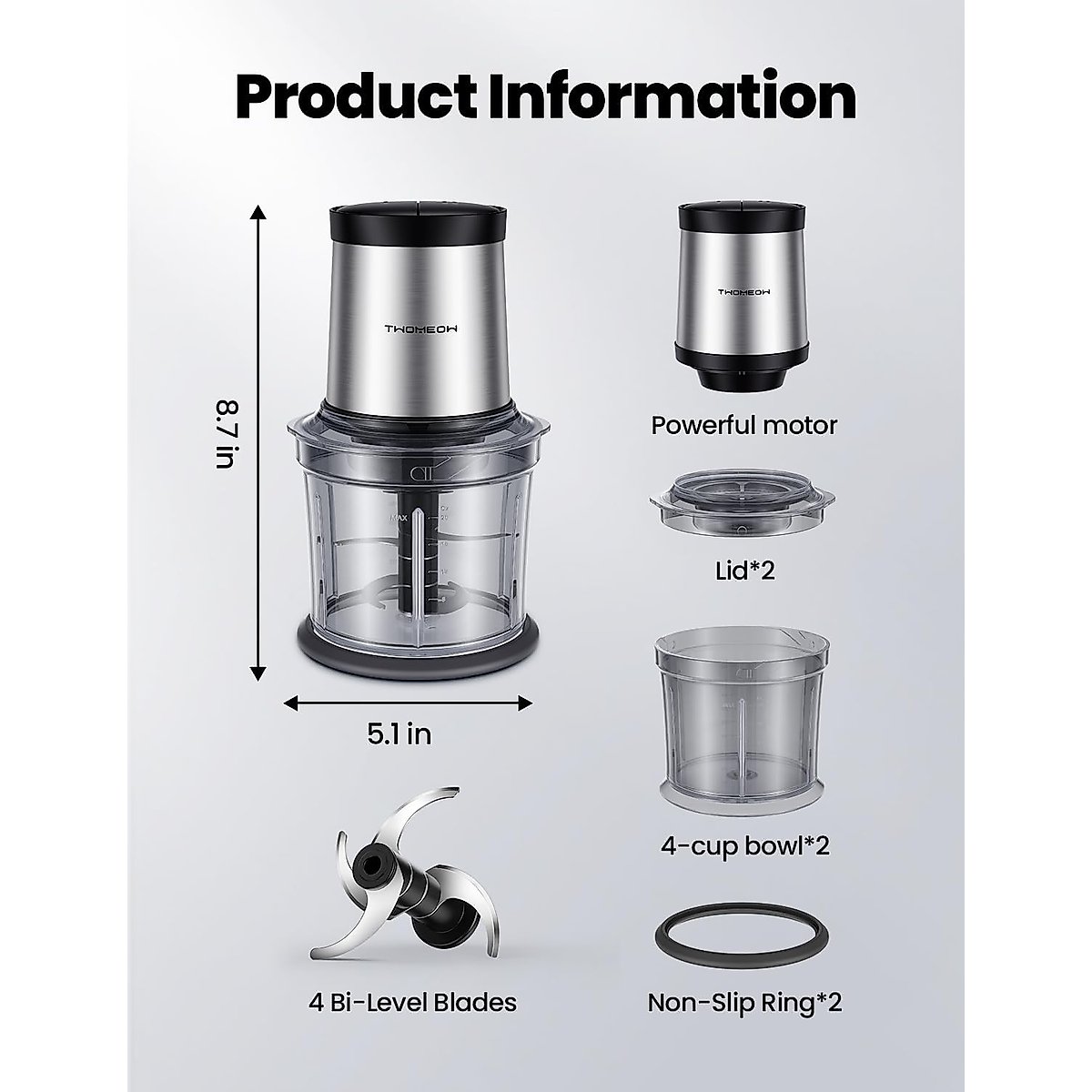TWOMEOW Food Processor 4 Cup, Electric Food Chopper, 【Small but Powerful】Meat Grinder with 2 Bowls, 2 Speed & 4 Blades for Vegetable, Meat, Nuts, Functions for Chopping, Dicing, Mixing and Puree