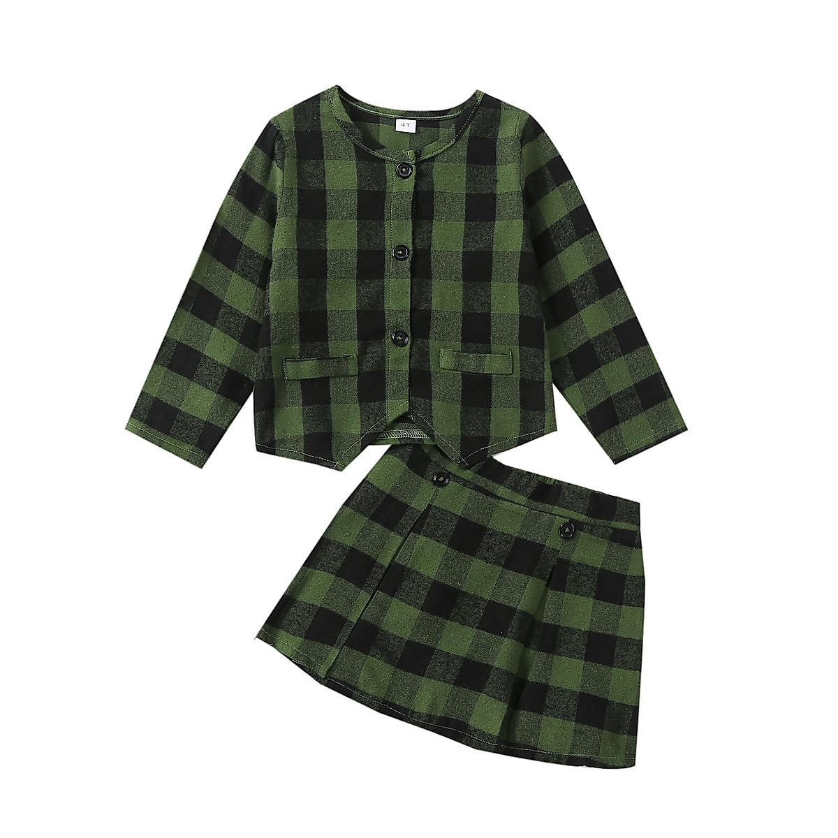 Baby Girl Plaid Skirt Sets Long Sleeve Crew Neck Buttons Jacket Coat A Line Short Shirt Spring Fall Winter Fashion (Green, 3 Years)