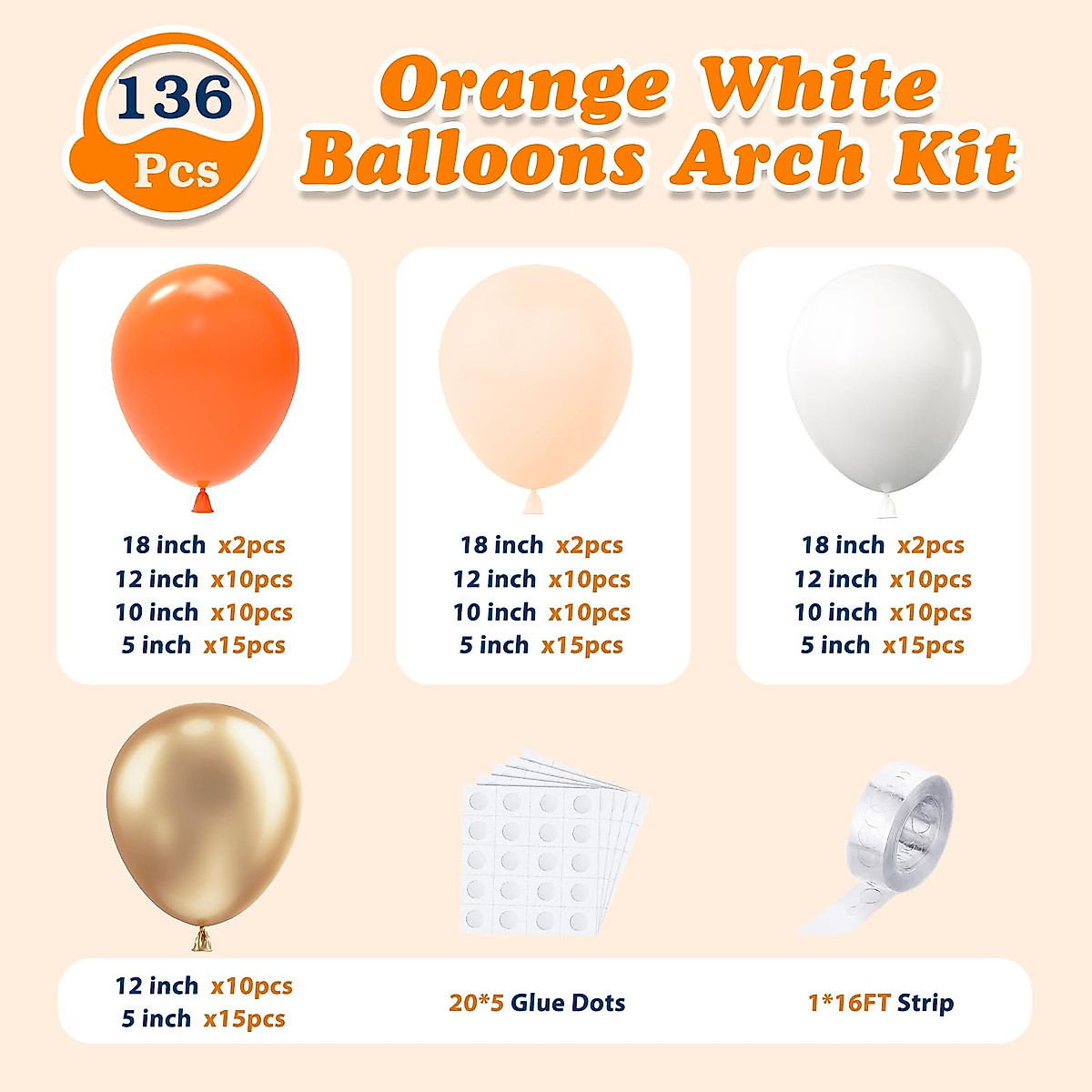 136Pcs Thanksgiving Fall Balloons Garland Arch Kit - 5 10 12 18 inch Orange Pastel Orange Gold and White Balloons for Fall Baby Shower Birthday ThanksGiving Pumpkin Themed Party Decorations