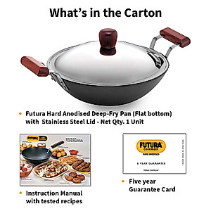 Futura L23 Hawkins Hard Anodised Deep Fry Pan/Kadhai with Flat Bottom and Steel Lid, 2.5 Liter, Small, Black