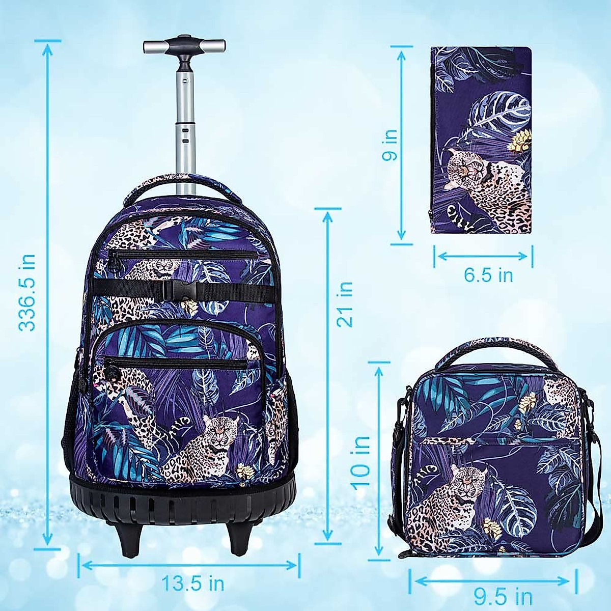 ZLYERT 3PCS Rolling Backpack for Girls, Travel Wheeled Backpacks for Adults, Teens College Roller Bookbag with Wheels for Women - Blue