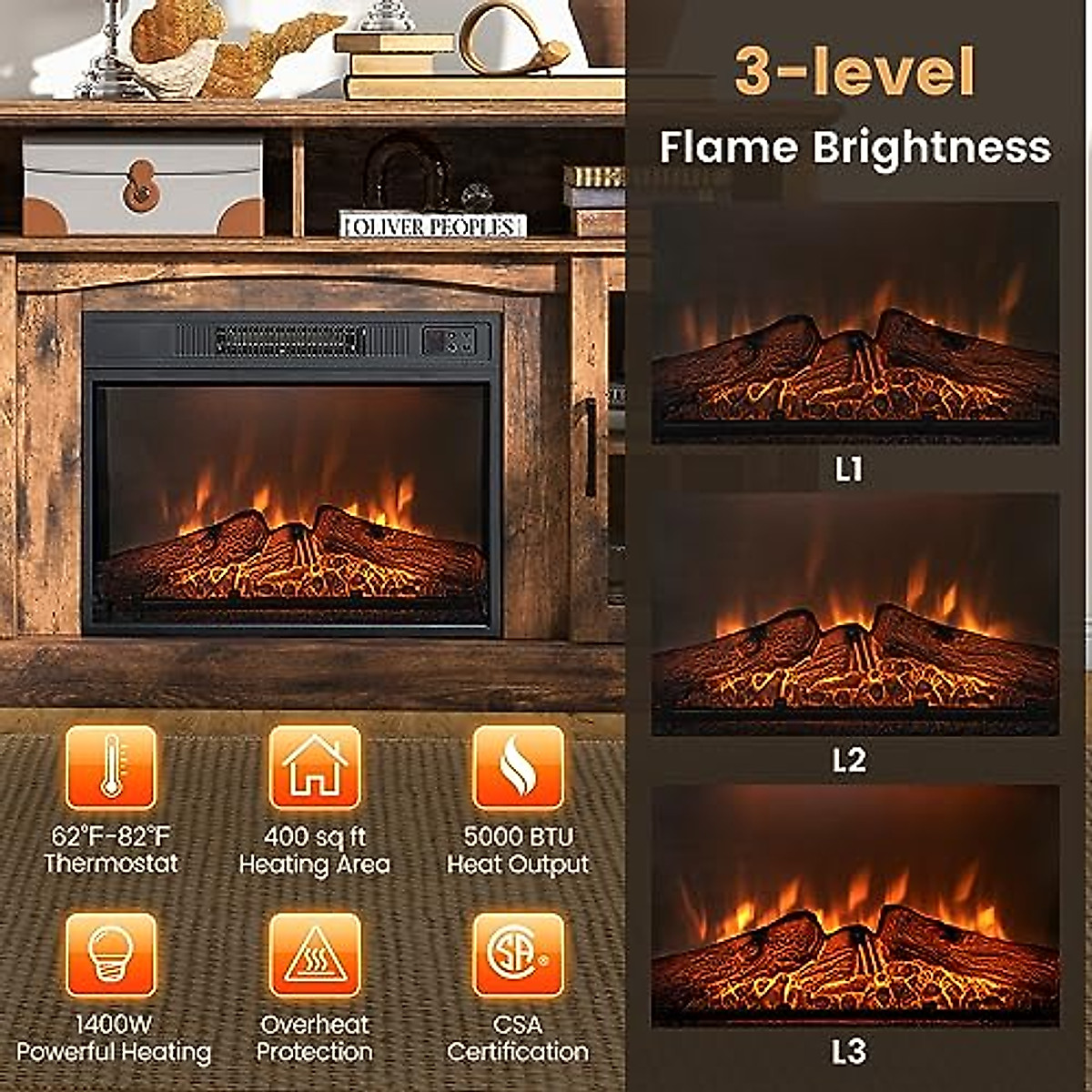 Tangkula Fireplace TV Stand for TVs Up to 65 Inch, Electric Fireplace TV Console w/Remote Control, Overheat Protection, 3-Level Adjustable Brightness, TV Entertainment Center w/23” Fireplace Insert