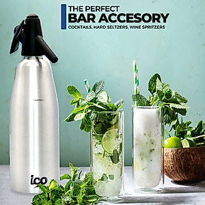 ICO Soda Siphon, Sparkling Water Maker, Soda Maker, Carbonated Water Machine for Fresh Soda Water, Cocktails, Hard Seltzers, Uses 8g C02 cartridges (Not Included), 1L/1 Pint