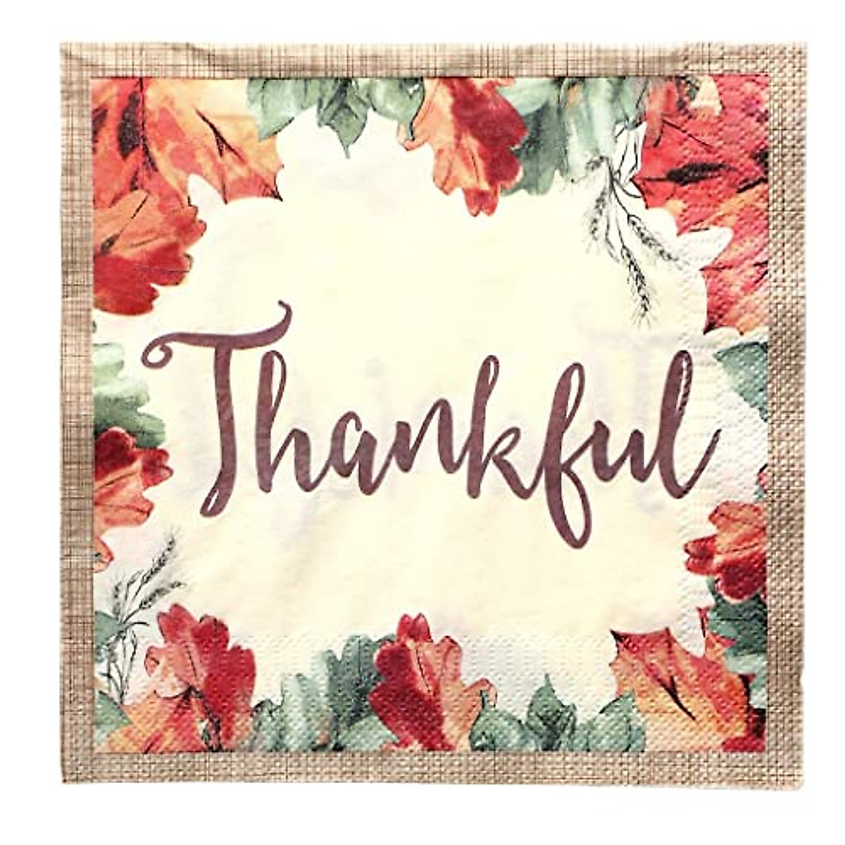 Fall Harvest Leaves "Thankful" Disposable Paper Lunch Napkins | Beautiful Leaf Design with Burlap Border | Perfect for Fall Parties, Thanksgiving & Decoupage | 24 ct | 2 ply | 6.5"x6.5" size folded