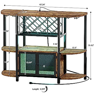 Unikito Freestanding Wine Bar Cabinet with LED Lights and Power Outlets, Industrial Coffee for Liquor Glasses, Mesh Door, Table Rack, Rustic Brown
