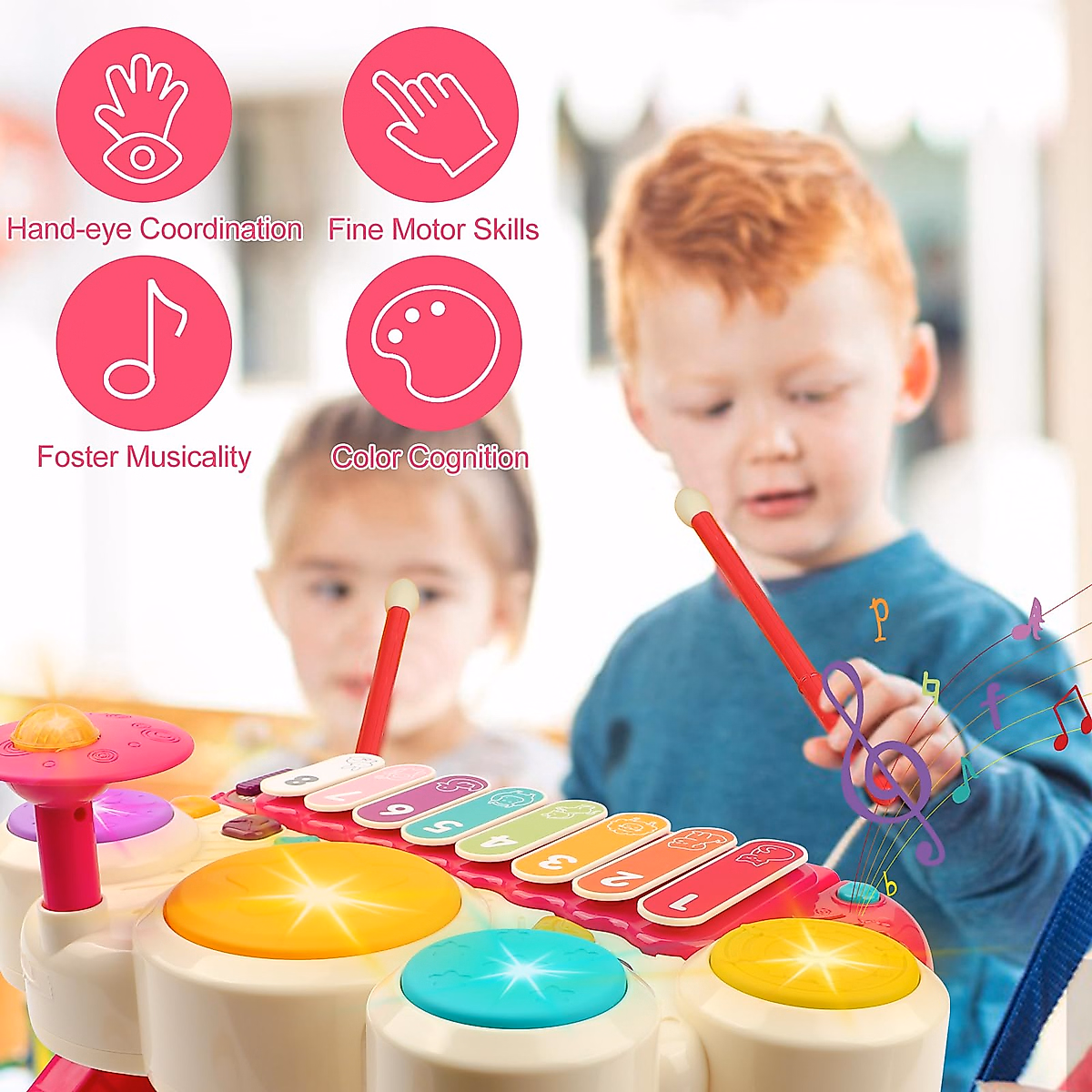 Popsunny Baby Musical Toys, 5 in 1 Toddler Drum Set Electronic Piano Keyboard Xylophone with Lights, Music Instruments Learning Toys Gifts for Boys Girls 1 2 3 Years Old