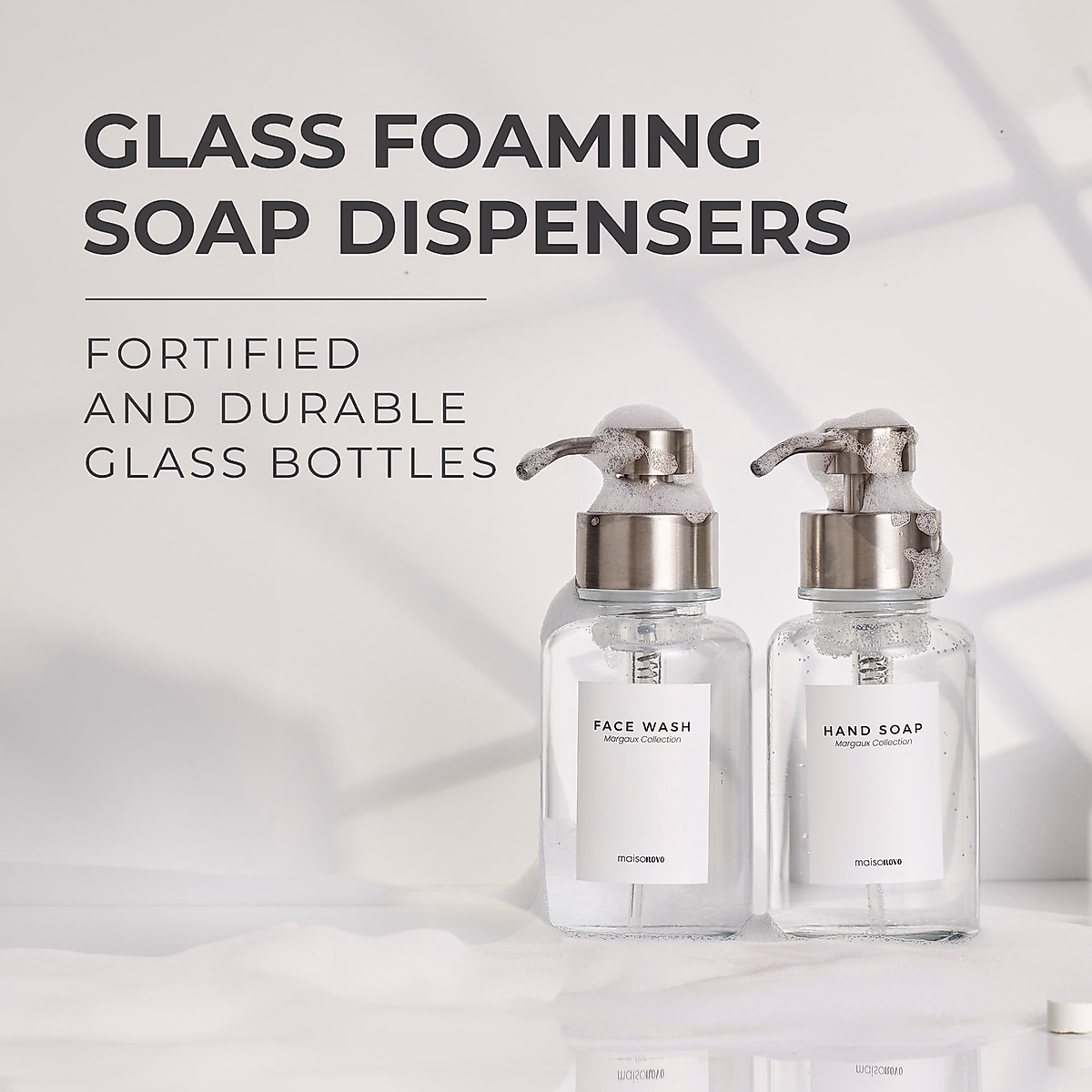 MaisoNovo Glass Foaming Soap Dispenser 14 Oz | Clear Glass Silver Pumps x 2