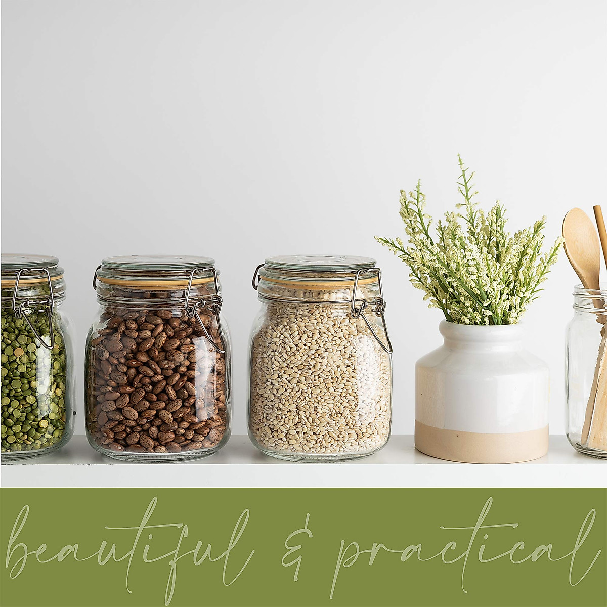 Glass Jars with Airtight Lid | Glass Airtight Food Storage Containers | Clear Leak Proof Rubber Gasket and Clamp Lid [Set of 4-33 oz]