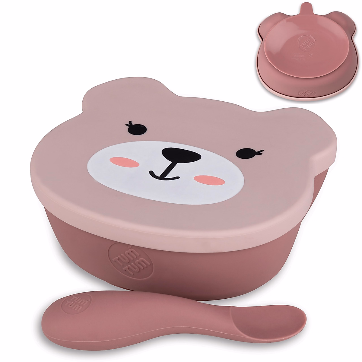 TUM TUM Suction Bowl for Baby, Toddler Bowl with Lid & Spoon, for Babies & Toddlers 6 Months+, BPA Free Silicone Baby Feeding Set, Microwave/Dishwasher/Freezer Safe, Betsy Bear, Pink