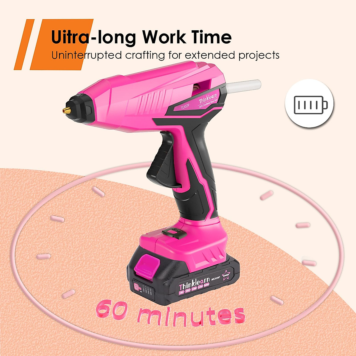 THINKLEARN Cordless Hot Glue Gun - 20V Temp Adjust Hot Glue Gun with 43PCS Full Size Hot Glue Sticks, Pink Fast Heating Glue Gun and Sticks Set for DIY, Arts & Craft, Decorations, Gift for Women