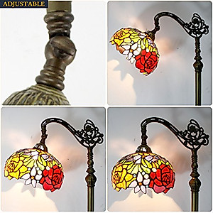 WERFACTORY Tiffany Floor Lamp Red Rose Flower Stained Glass Arched Lamp 10X18X64 Inches Gooseneck Adjustable Corner Standing Reading Light Decor Bedroom Living Room S001 Series