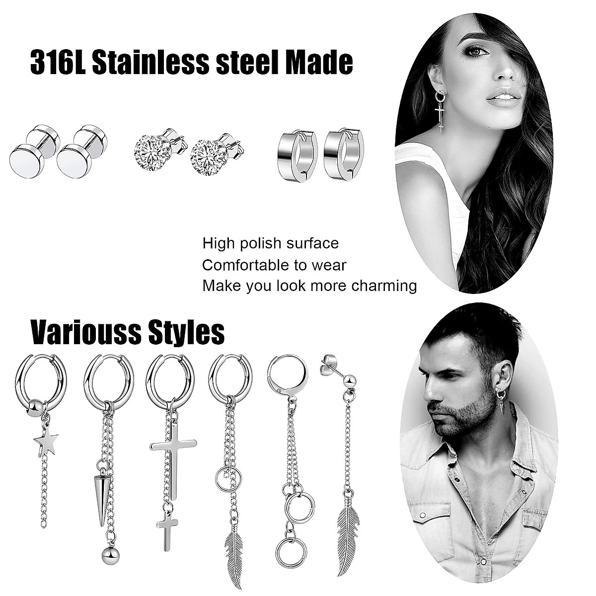 Earrings For Men, 24 Pieces Stainless Steel Cross Hinged Hoop Dangle Earrings For Men Women(Silver)