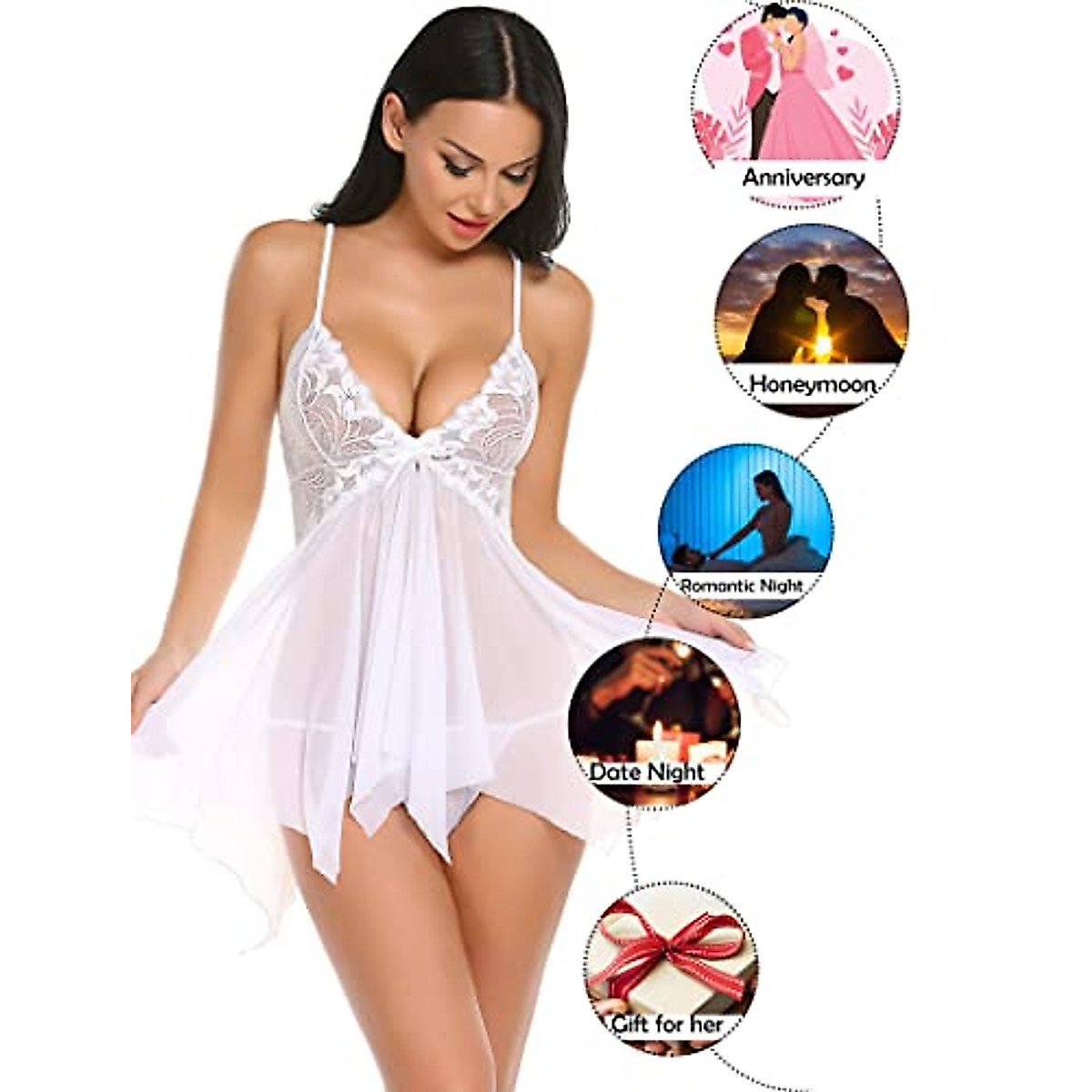 Avidlove Wedding Lingerie for Bride Lace Babydoll Sexy Lace Sleepwear for Women, White, Medium