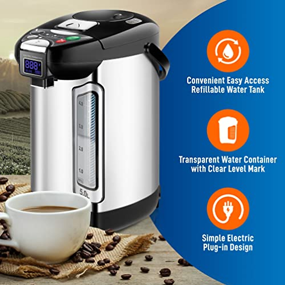 NutriChef Digital Water Boiler and Warmer - 5L/5.28 Qt Stainless Electric Hot Water Dispenser w/LCD Display, Rotating Base, Keep Warm, Auto Shut Off, Safety Lock, Instant Heating for Coffee & Tea
