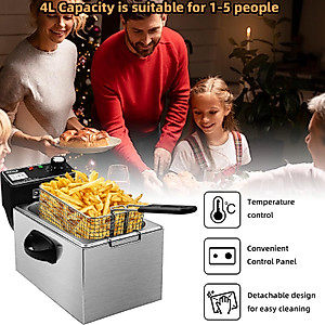 Deep Fryer with Basket, 4.2 Qt Electric Deep Fat Fryer for Home Use, Stainless Steel Countertop Oil Fryer Pot for Chicken, Fries, Fish, Shimp and More, 4 L Capacity with Temperature Control