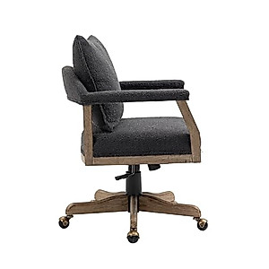 Luoyisimall Adjustable Swivel Desk Chair，Boucle Upholstered Seat Home Office Computer Chair with Wheels and Back Pillow,Solid Wood Task Execution Armchair for Office Study Makeup (Black)