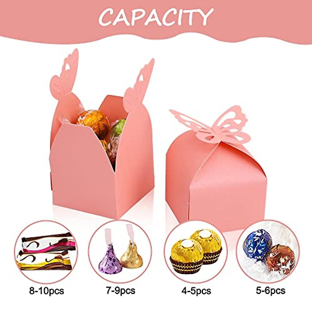 BEISHIDA 50pcs Pink Butterfly Decorations Peal-Gloss Butterfly Gift Box Small Butterfly Candy Boxes for Party Favors Baby Shower Wedding Birthday Party(2.4 x 2.4 x 2.4 Inch)