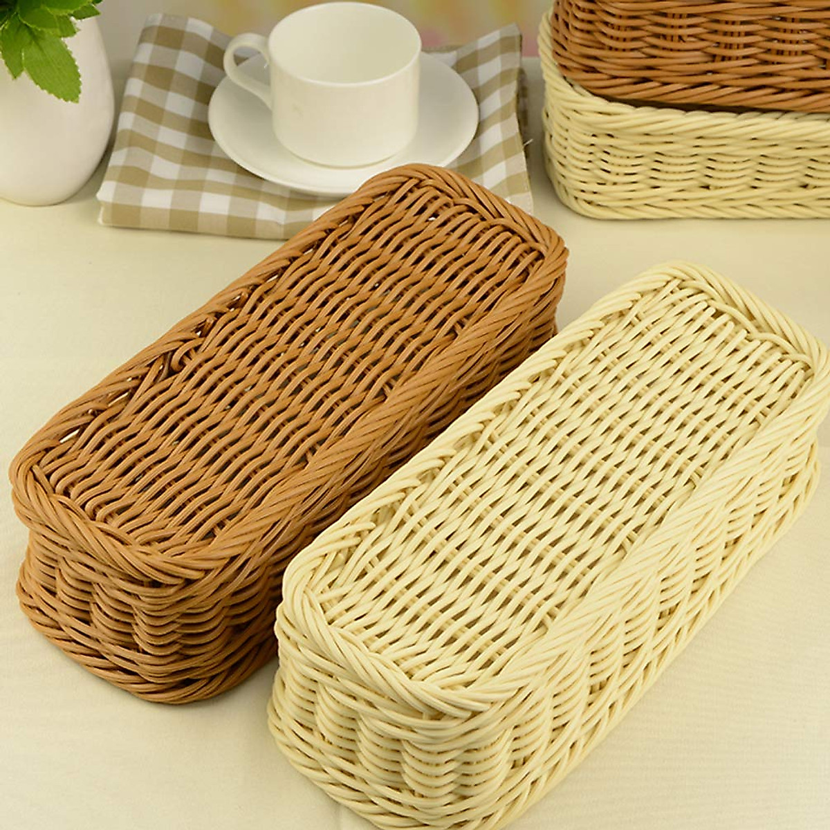 DOITOOL Plastic Woven Storage Basket, Kitchen Cutlery Holder Stand Silverware Basket Square Tableware Organizer for Kitchen, Dinning Table and Restaurant, 30X13X7CM